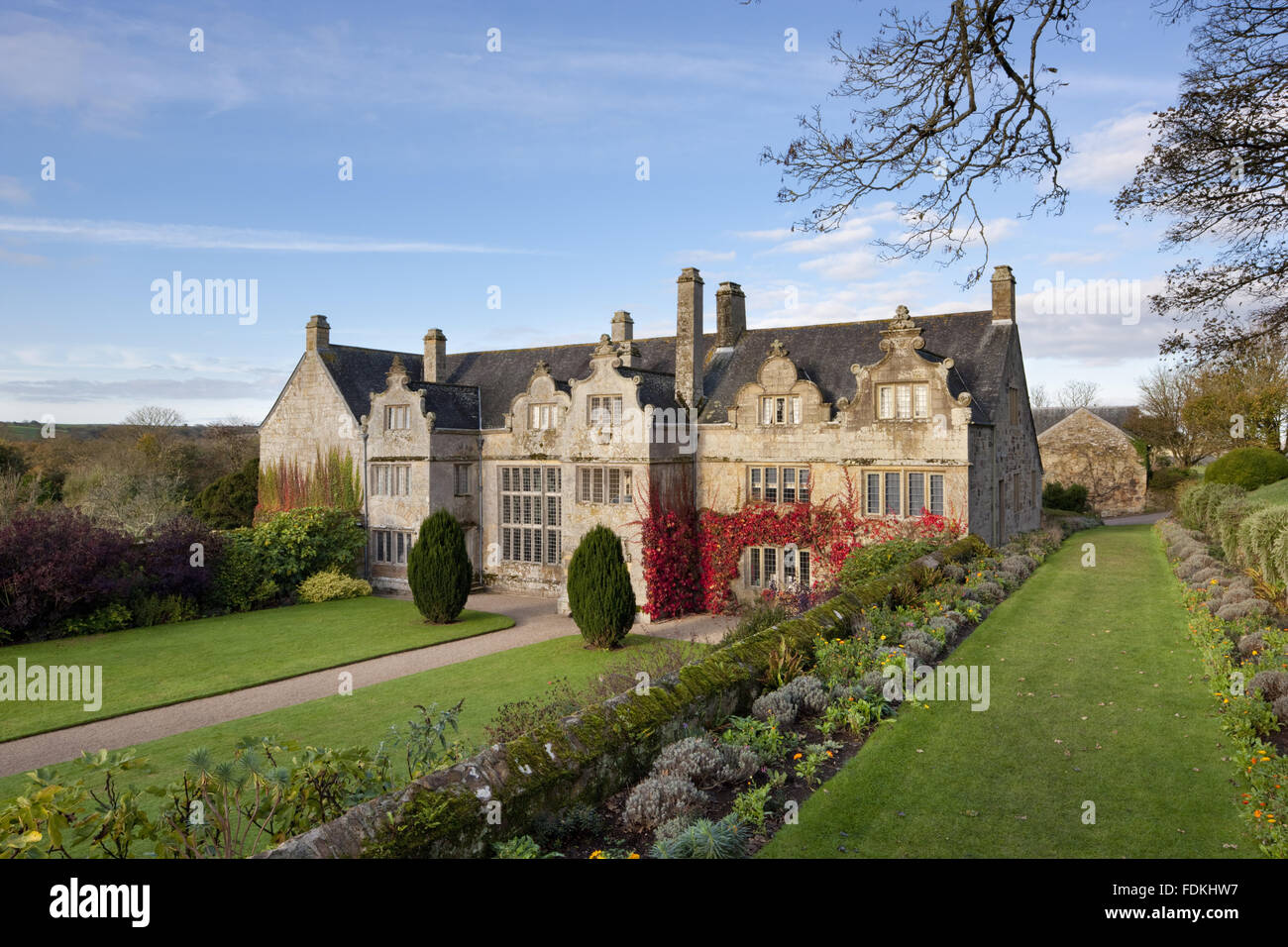 The east front at Trerice, Cornwall. This facade of the manor house is ...