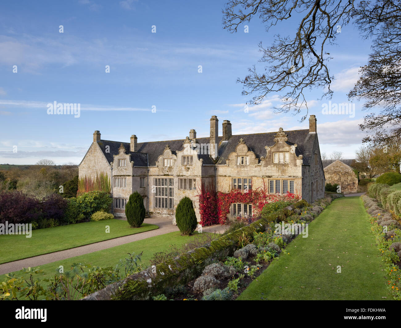 The east front at Trerice, Cornwall. This facade of the manor house is ...
