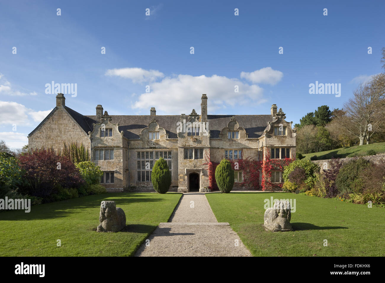 The east front at Trerice, Cornwall. This facade of the manor house is ...