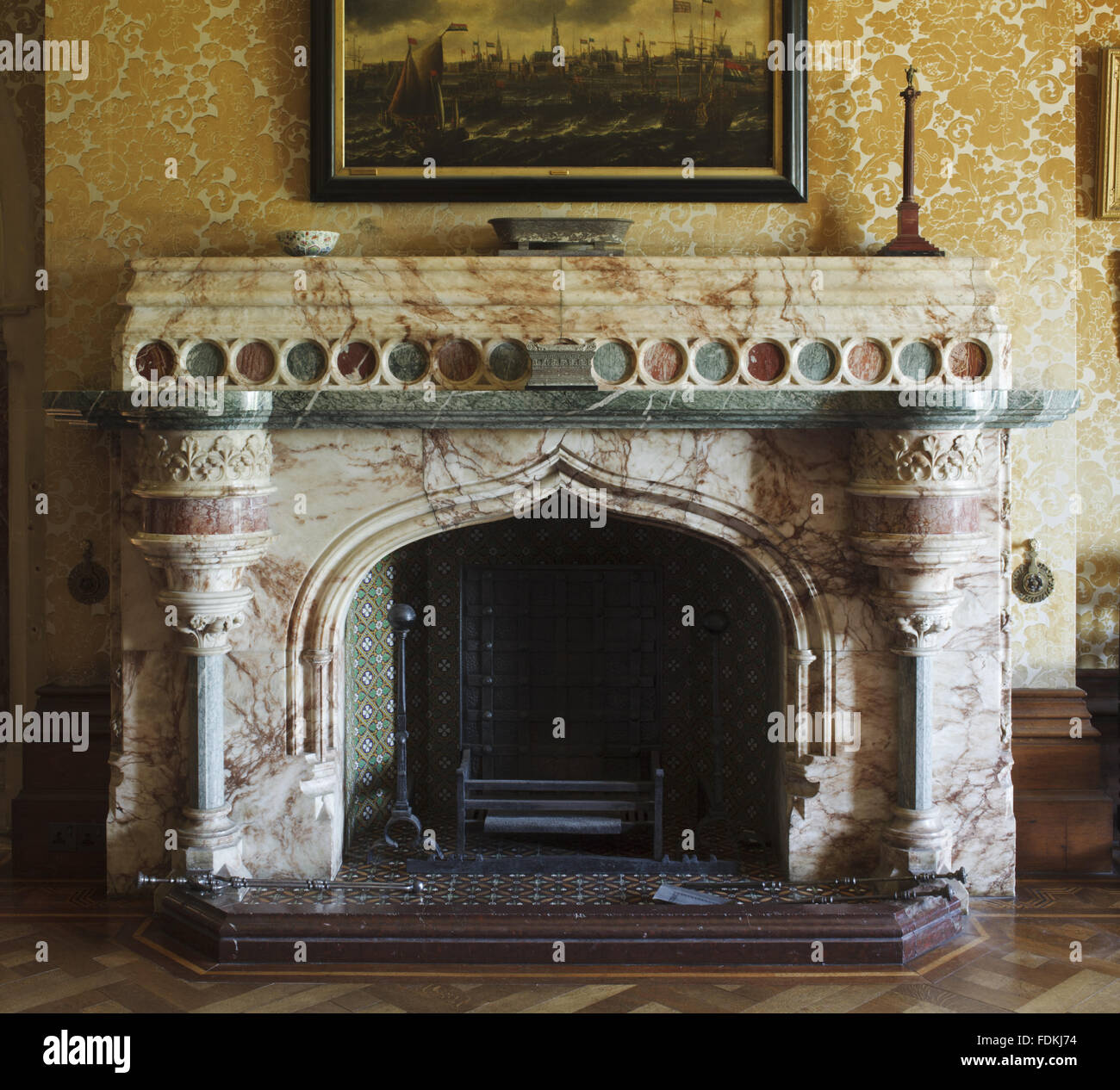 The marble fireplace in the Ante Room at Tyntesfield, North Somerset ...