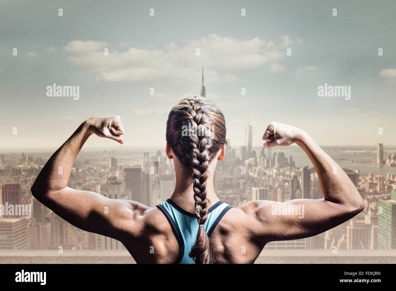 Composite image of rear view of woman with braided hair flexing muscles ...