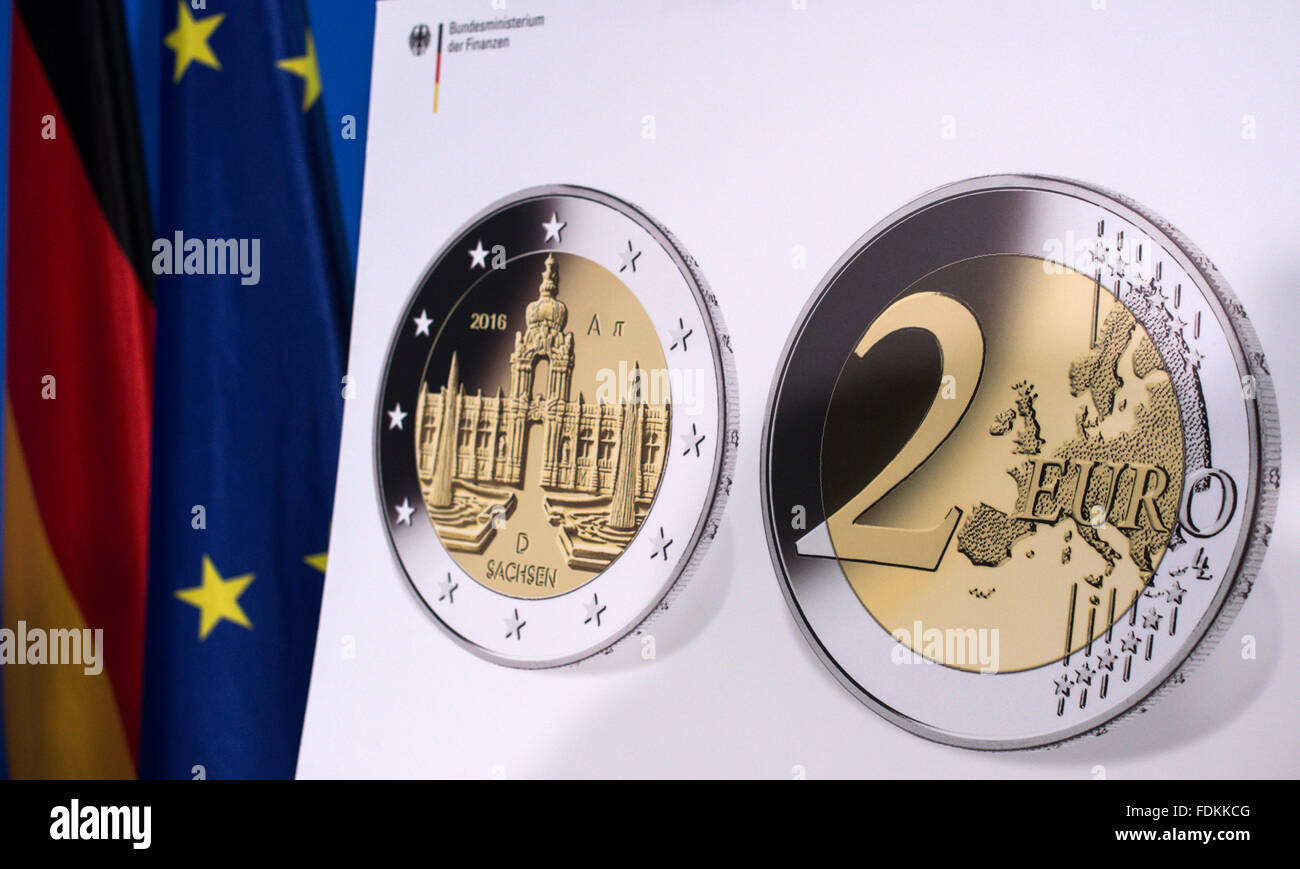 Berlin, Germany. 1st Feb, 2016. The new 2 Euro coin 'Saxony' being ...