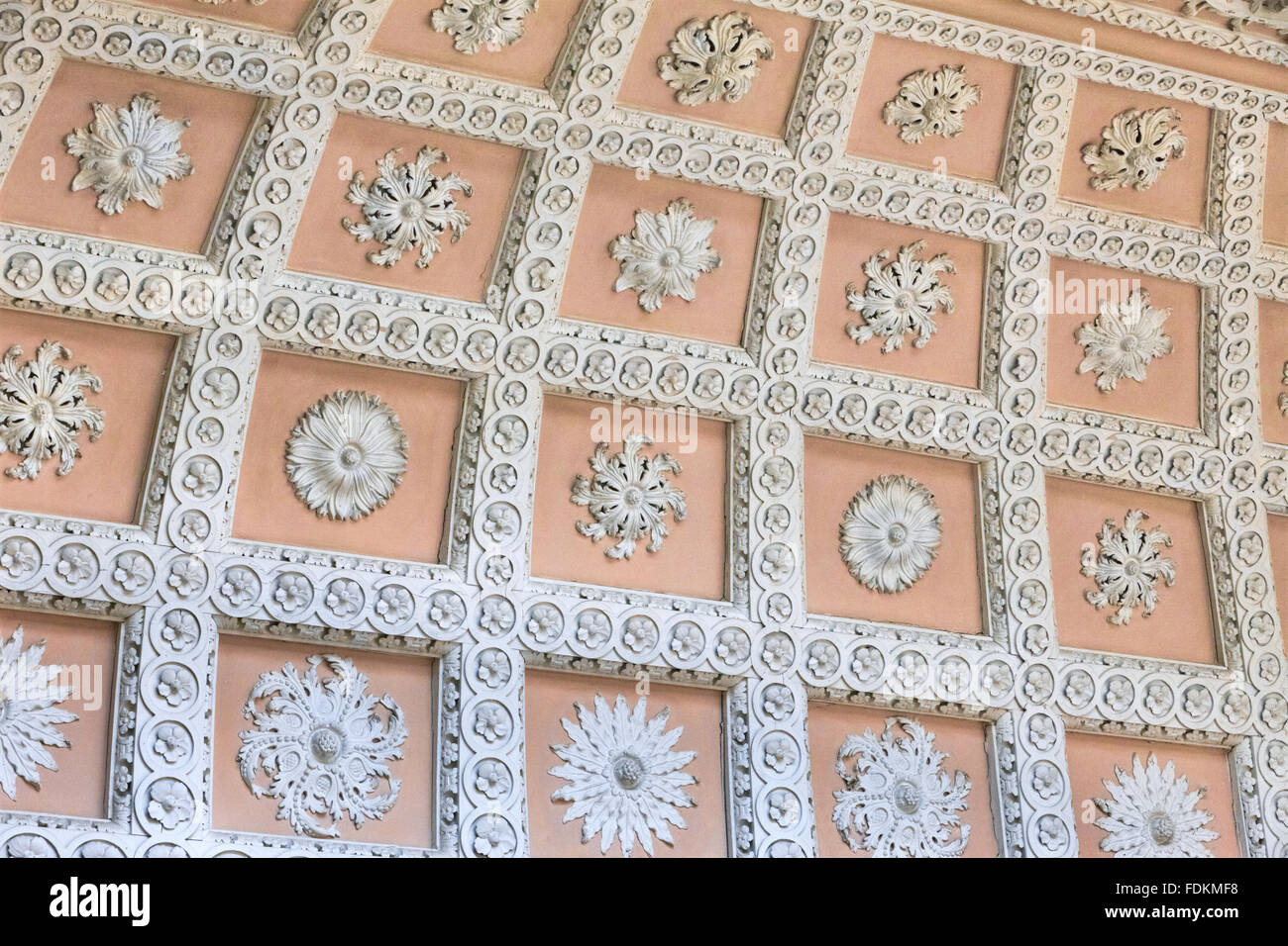 The coves of the plasterwork ceiling in receding panels of rosettes on ...
