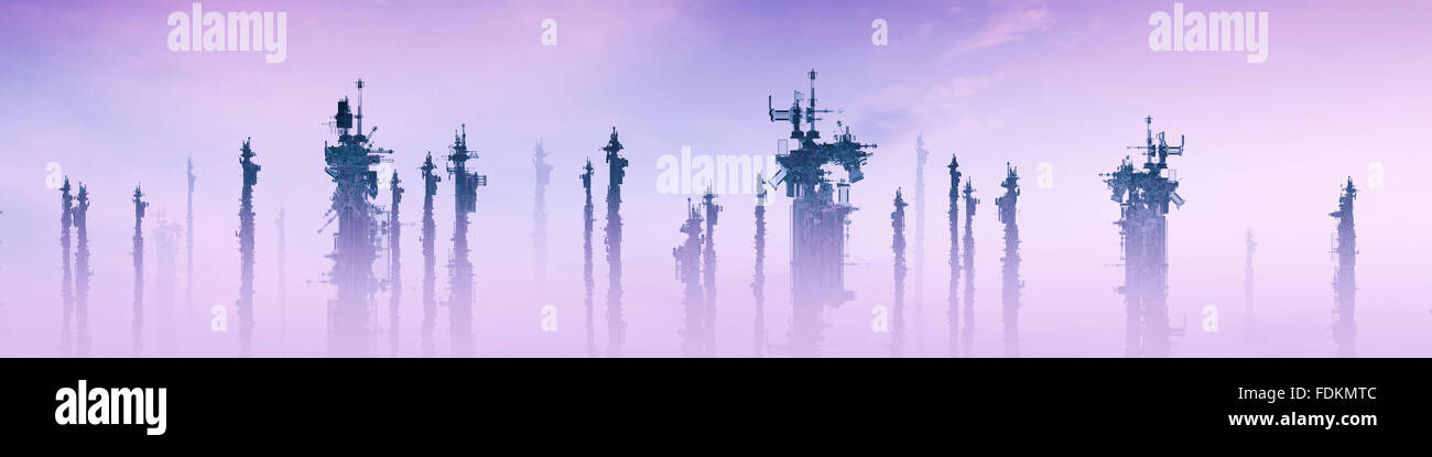 Panorama tech city / 3D render of futuristic science fiction structures ...