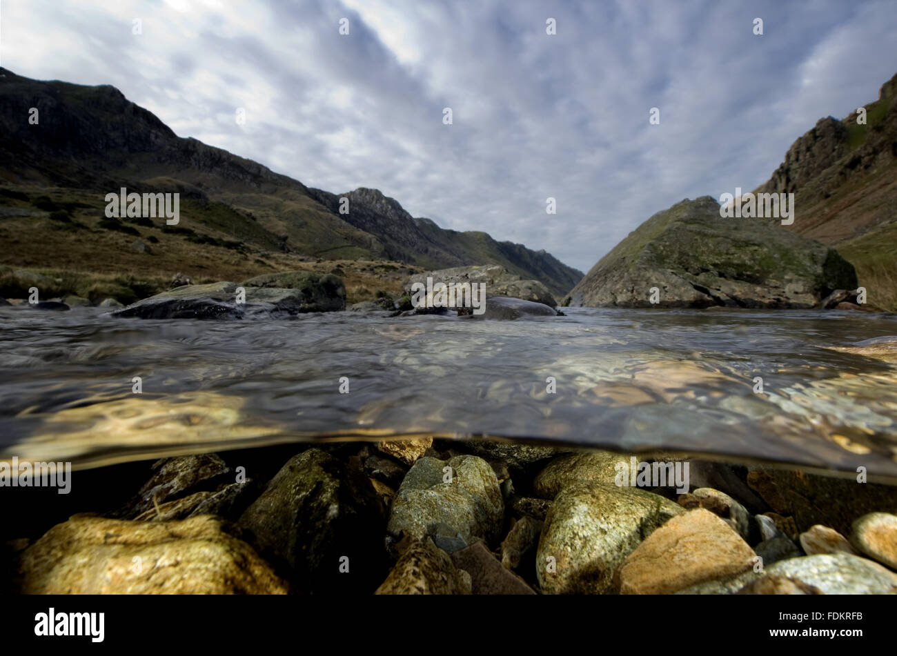 An split-level view of a mountain stream, Afon Nant Peris, Llanberis ...