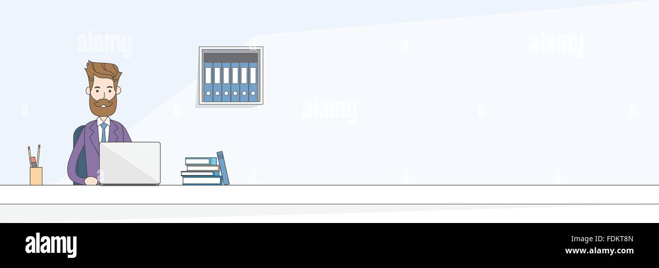 Business Man Sitting Desk Working Laptop Computer Banner Stock Vector ...