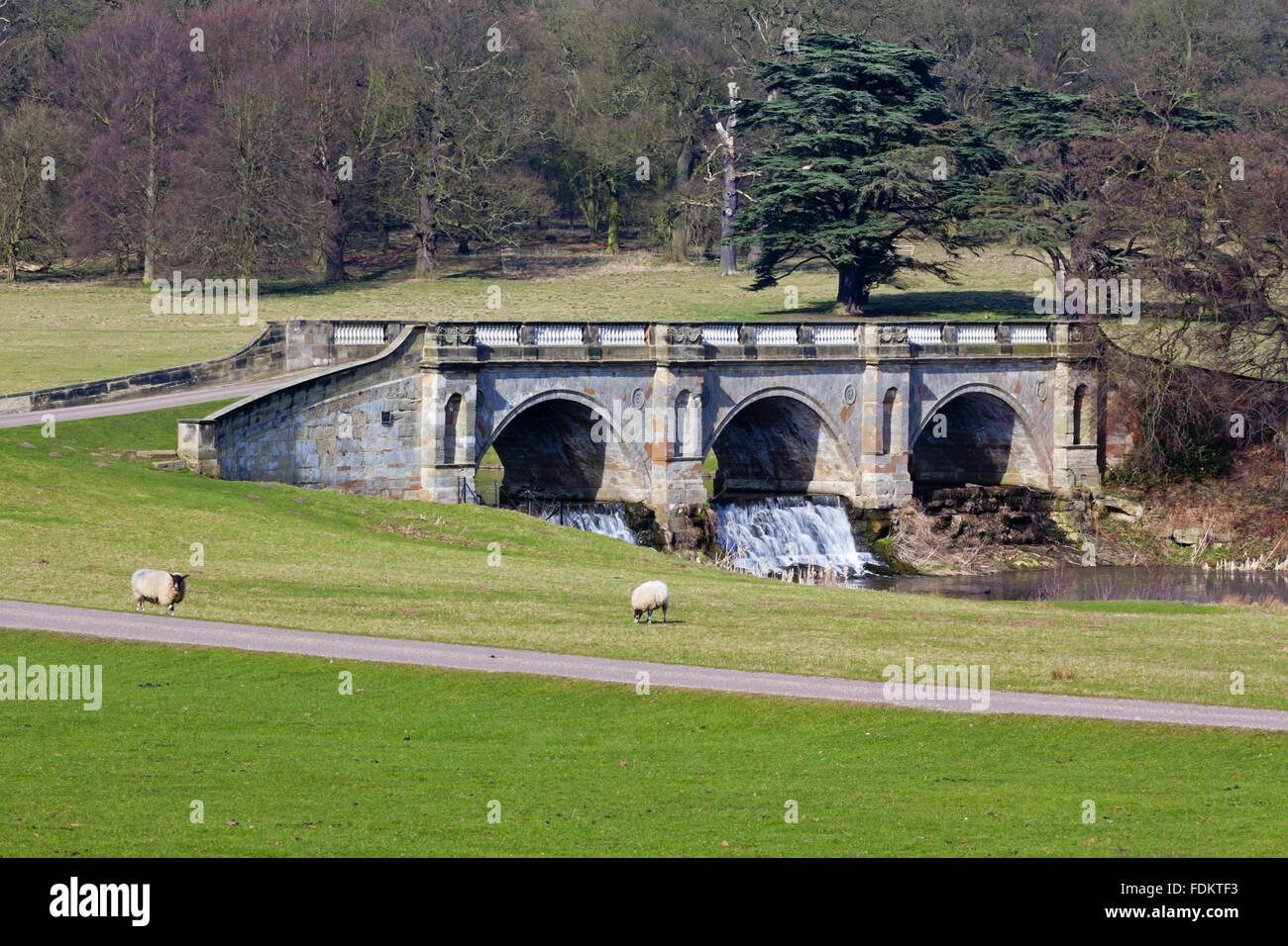 The bridge and cascade at Kedleston Hall, Derbyshire. The bridge was ...