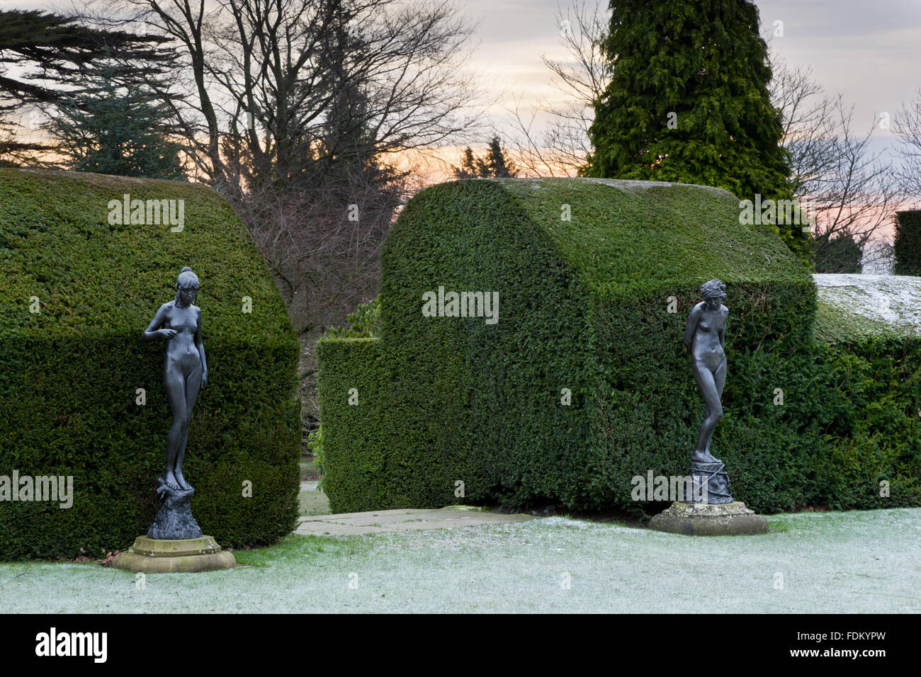 Nymph statues in the garden in winter at Chirk Castle, Wrexham Stock ...
