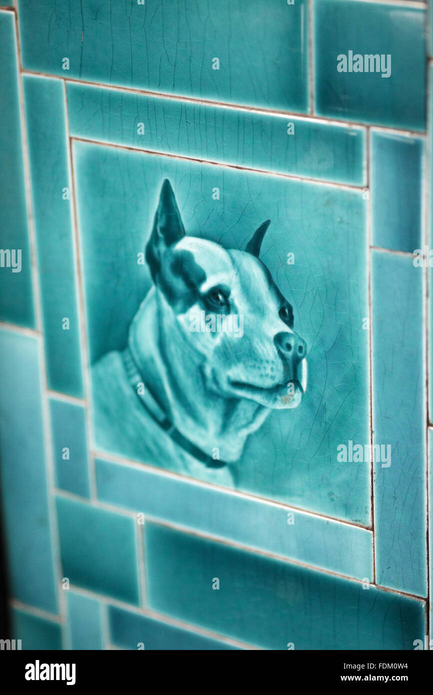 The head of a dog depicted on a turquoise blue glazed tile at The ...