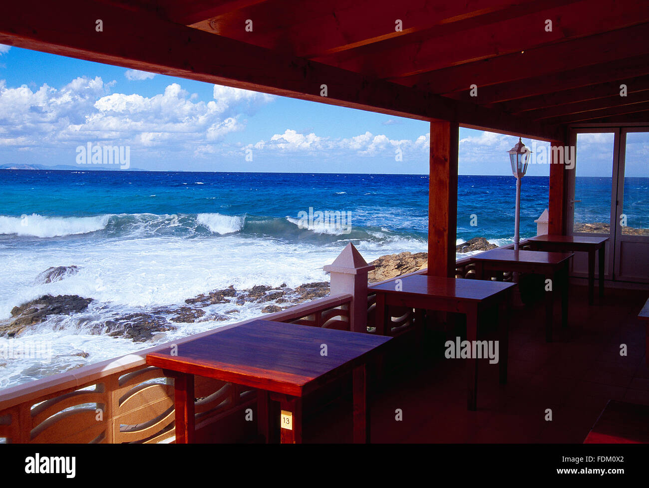 Terrace next to the sea. Es Calo, Formentera island, Balearic Islands ...