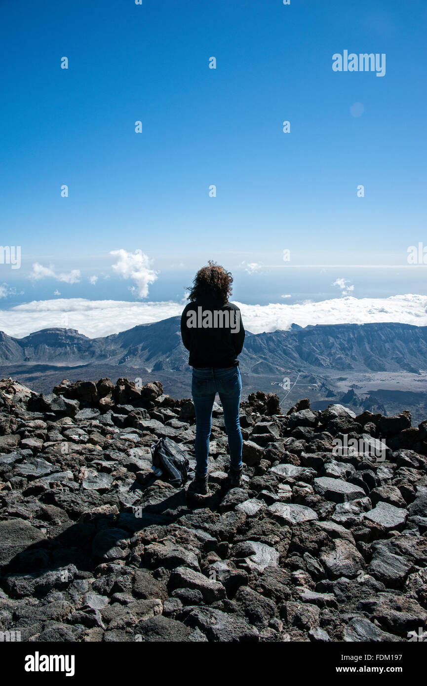 Tourist views crater from top of Mount Teide, upper station, Teide ...