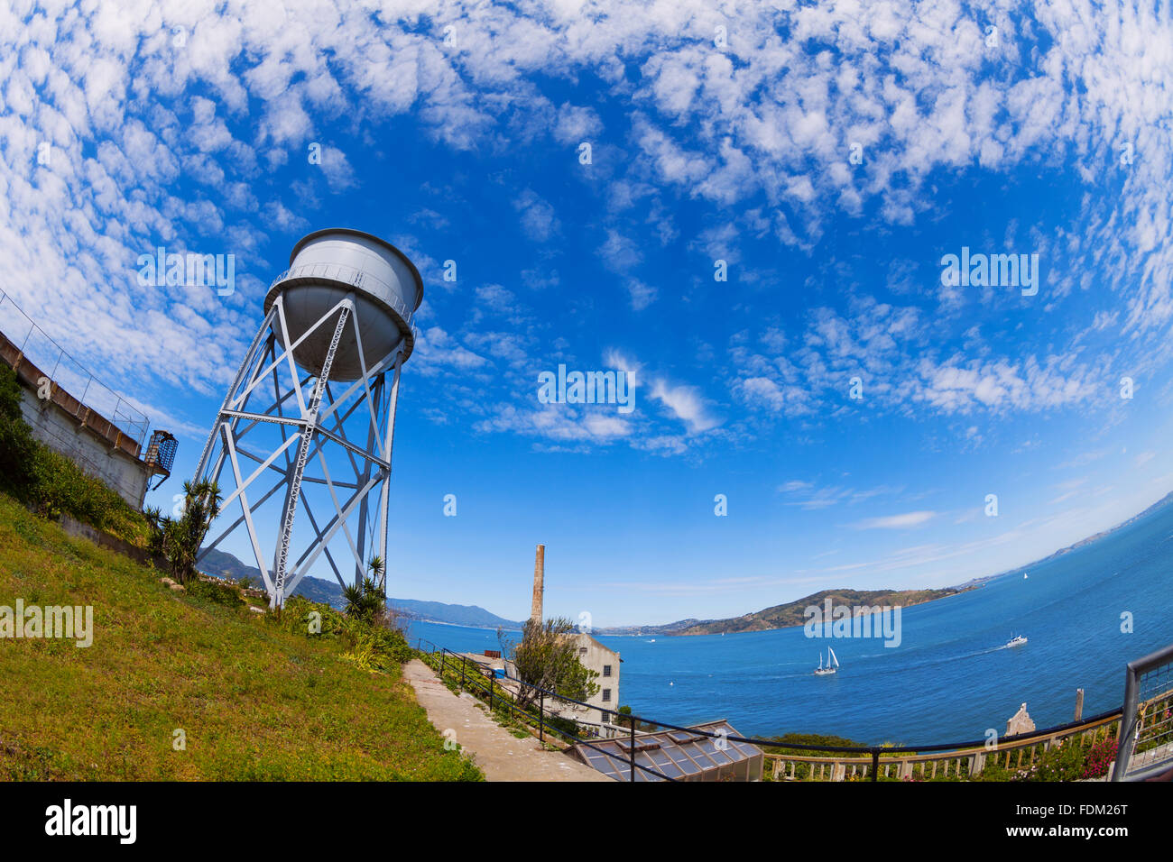 Water tower in Alcatraz island and SF bay Stock Photo - Alamy