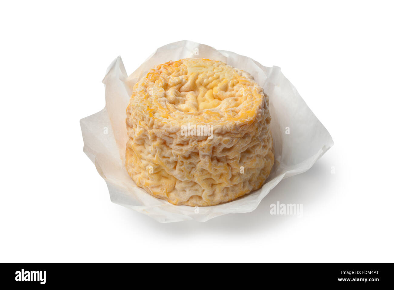Langres cheese wrapped in paper on white background Stock Photo - Alamy