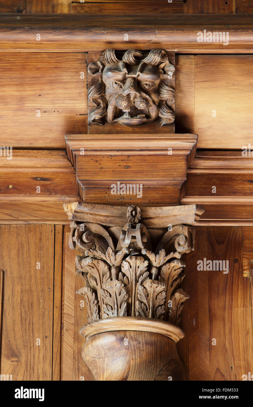 Carved wooden Corinthian capital and lion mask in the Cedar Closet at ...