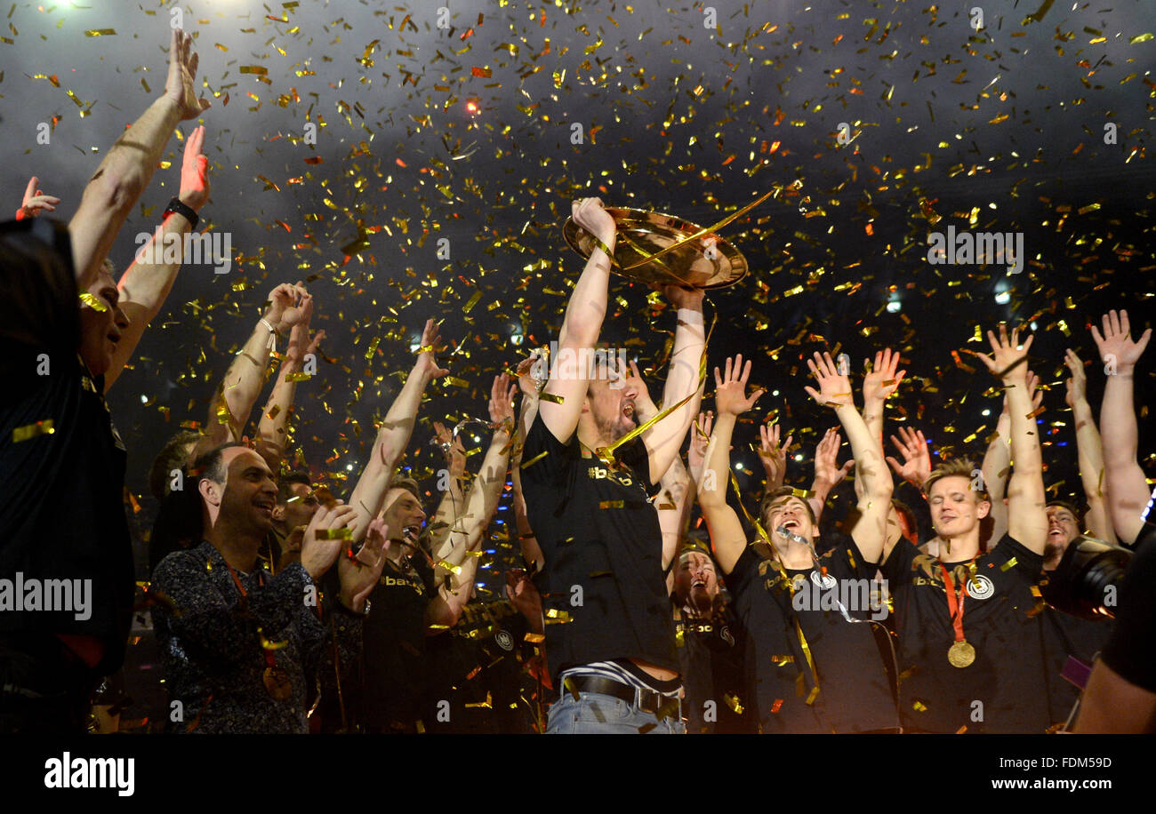 The German Handball national team celebrating at a fan festival in the ...