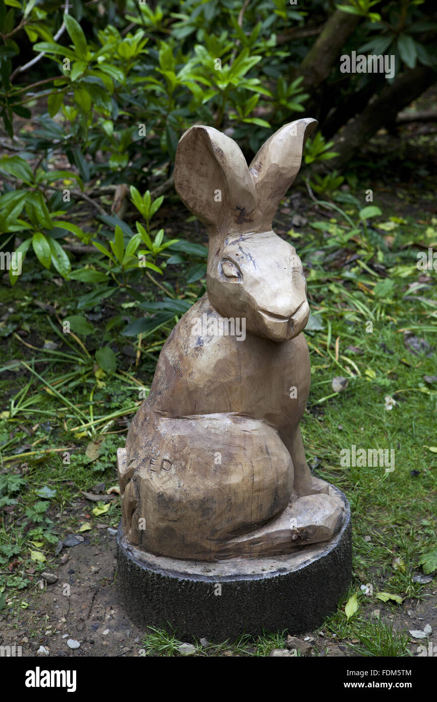Wooden sculpture of a hare, part of a trail in the garden at Hare Hill ...