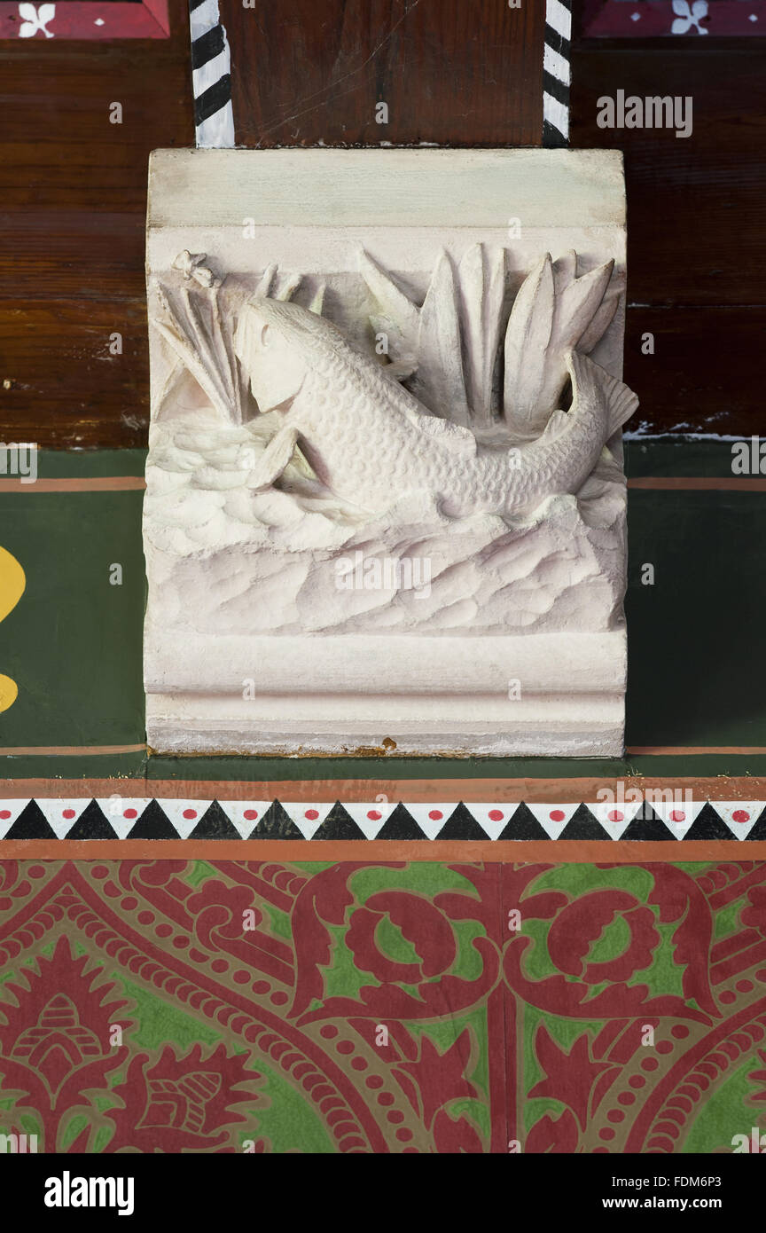 Stone corbel carved with a fish in the Dining Room at Knightshayes ...