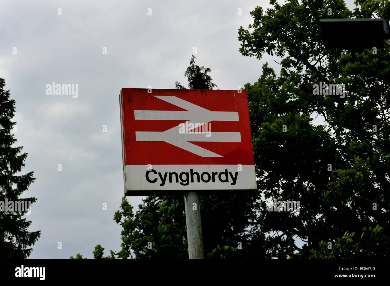 Cynghordy, double arrow National Rail Network station sign. Central ...
