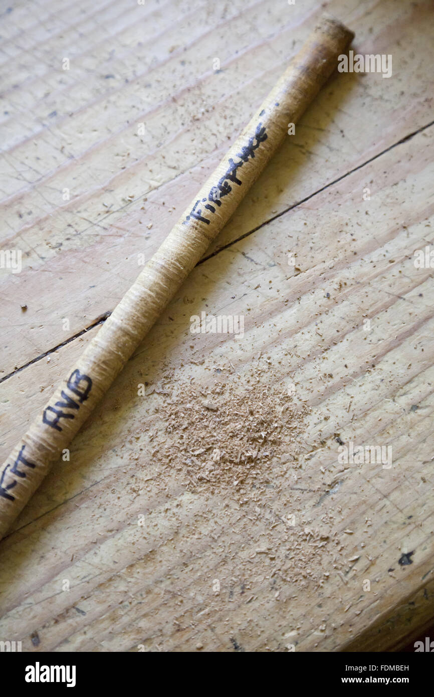 A wood core sample taken from a beam over the fireplace in the kitchen ...