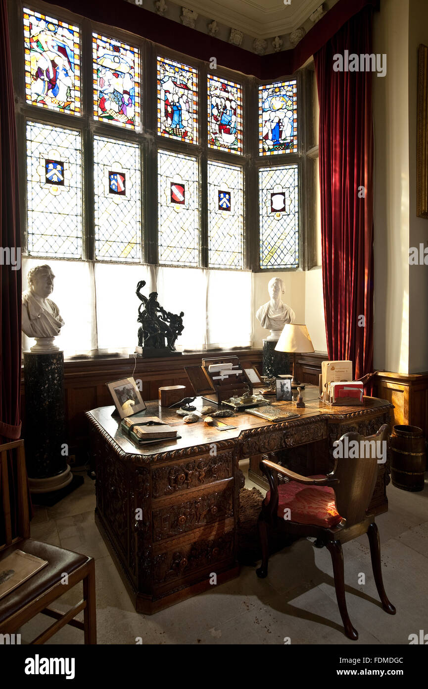 Desk and window with stained glass panels in the Great Hall at Felbrigg ...