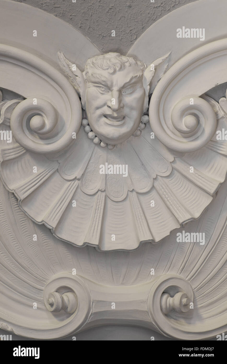 Devil's head on the plasterwork ceiling of the Dining Room at Clandon ...