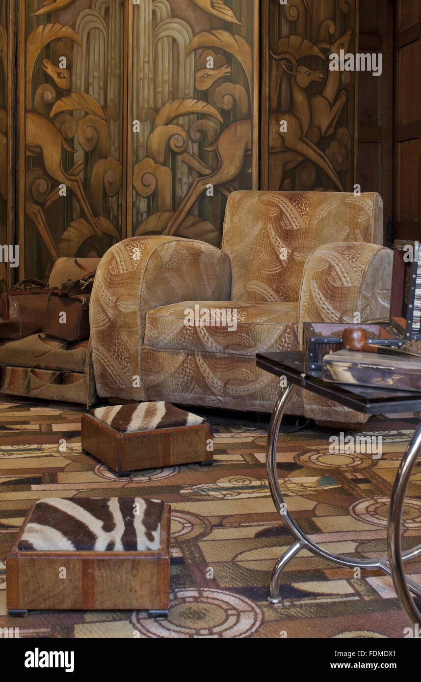 Art Deco armchair and foot stools in the Keiller Parlour at Avebury ...