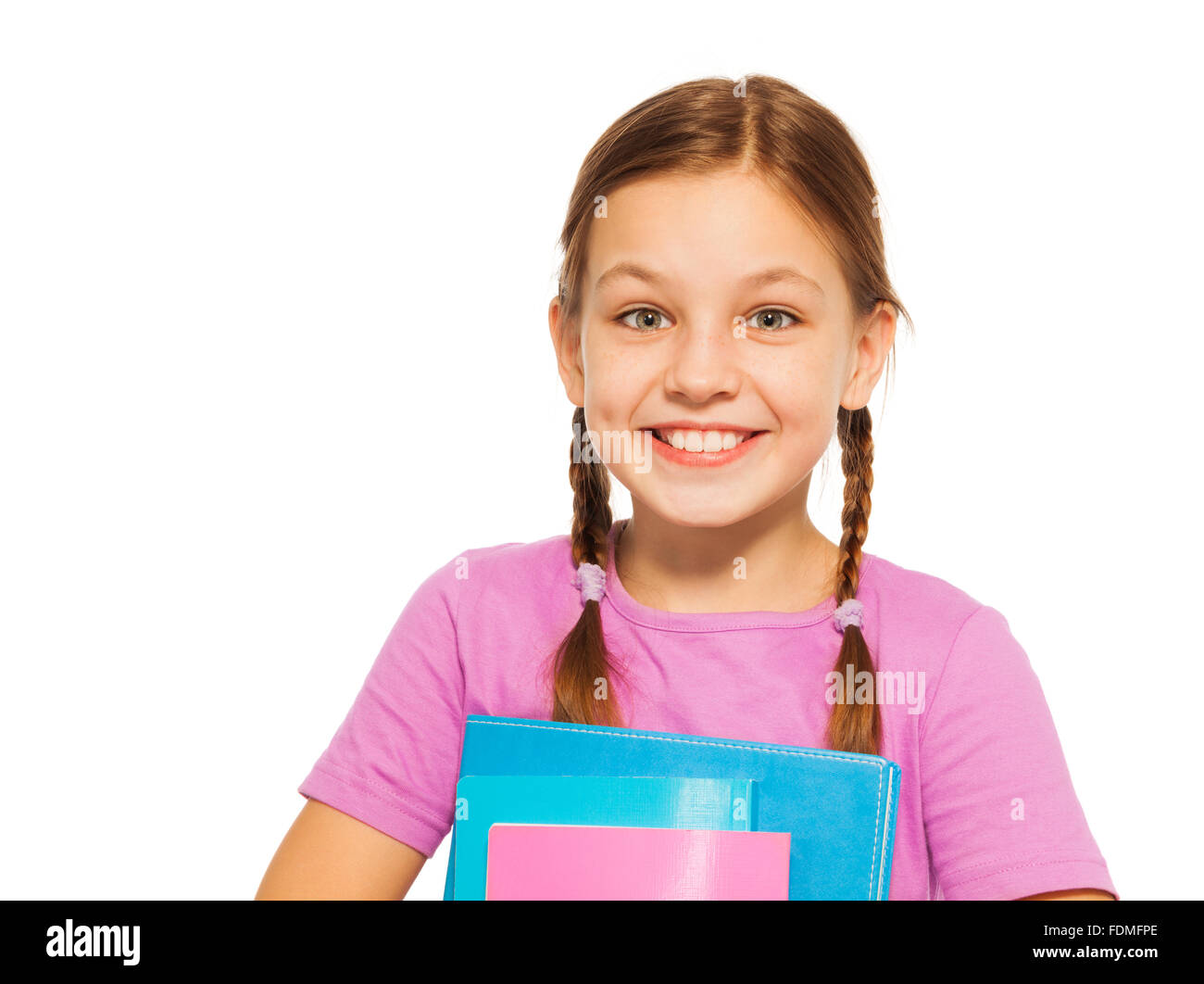 Happy positive pupil with books isolated on white Stock Photo - Alamy
