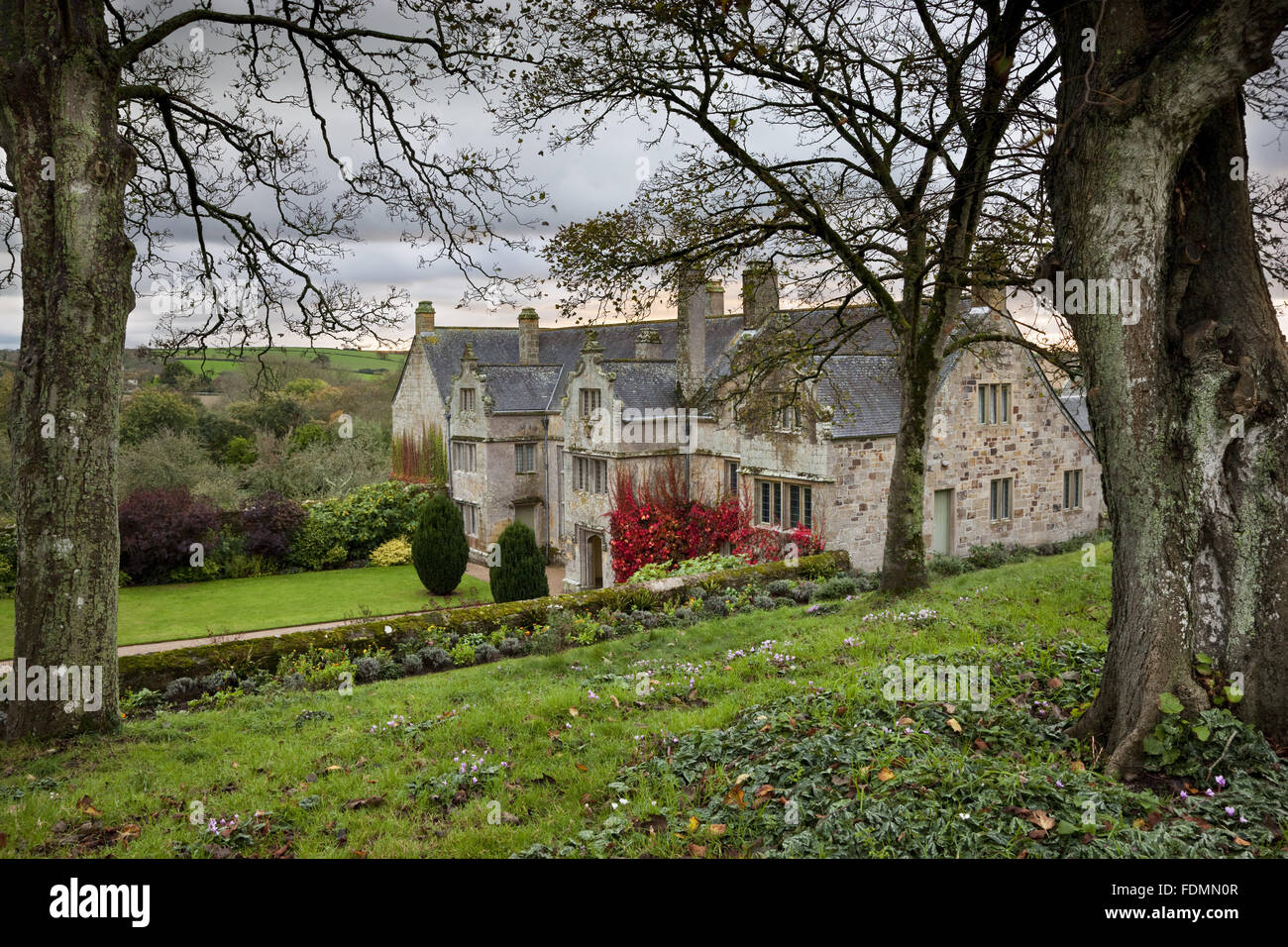 The east front at Trerice, Cornwall. This facade of the manor house is ...