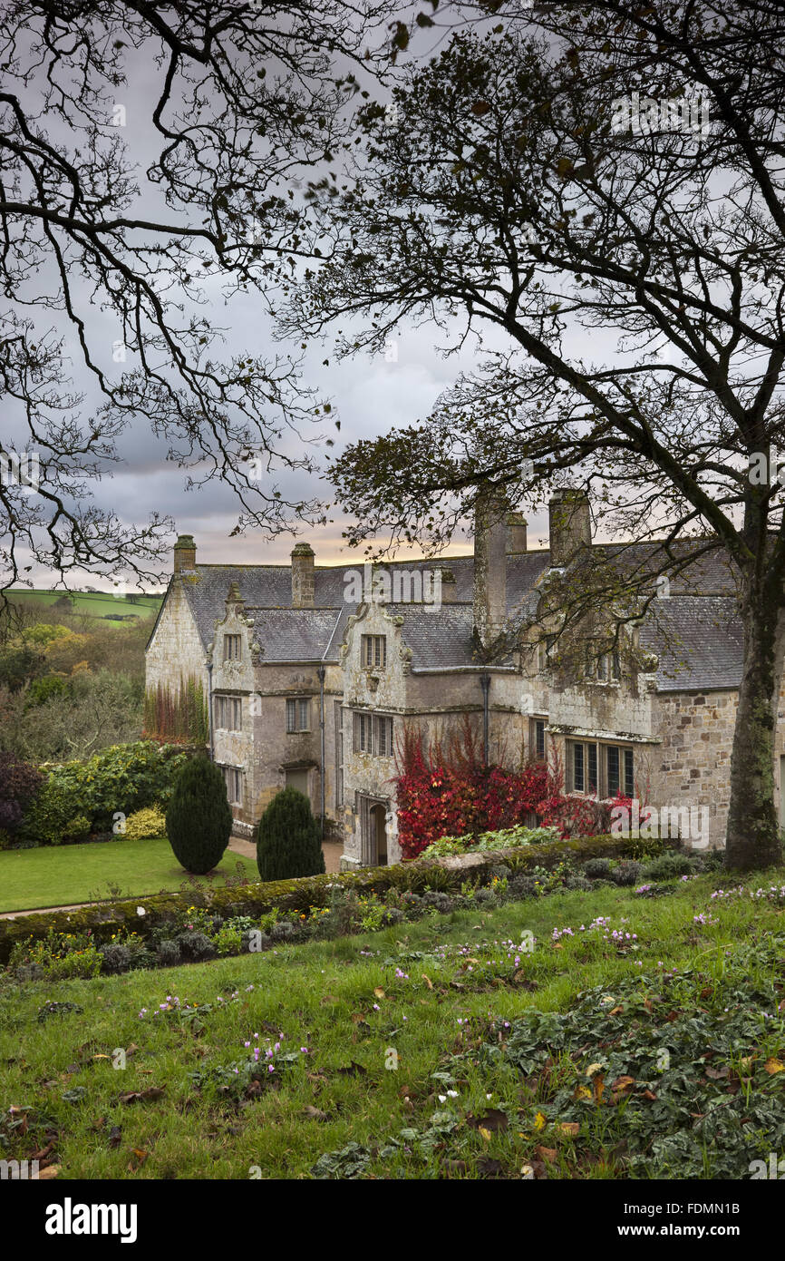 The east front at Trerice, Cornwall. This facade of the manor house is ...