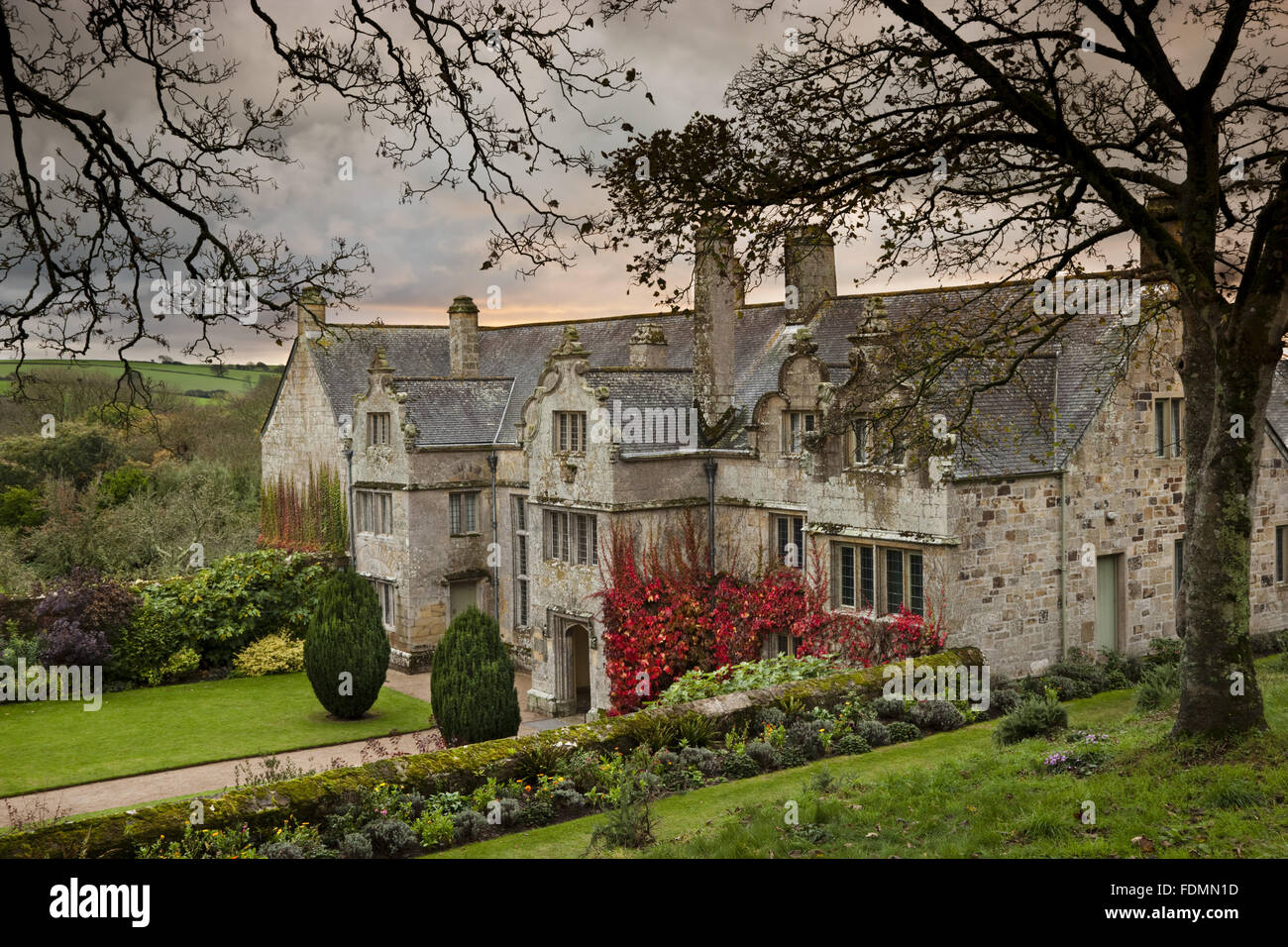 The east front at Trerice, Cornwall. This facade of the manor house is ...