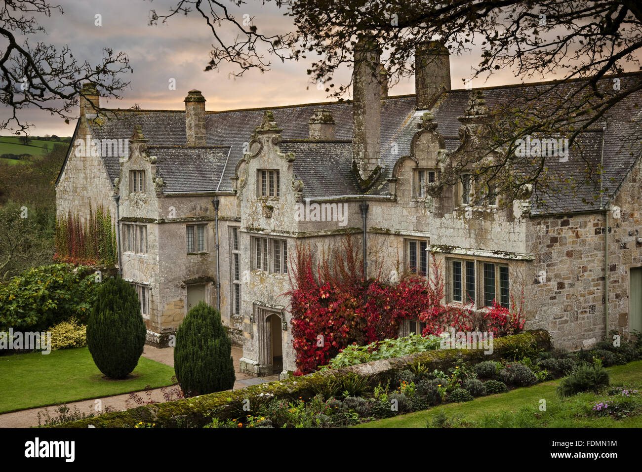 The east front at Trerice, Cornwall. This facade of the manor house is ...