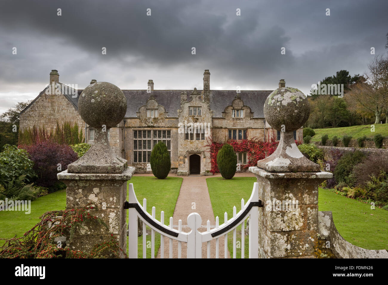 The east front at Trerice, Cornwall. This facade of the manor house is ...