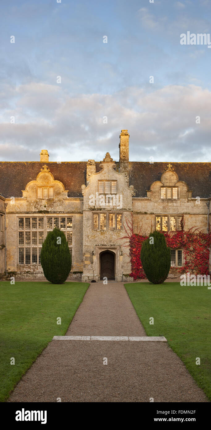 The east front at Trerice, Cornwall. This facade of the manor house is ...