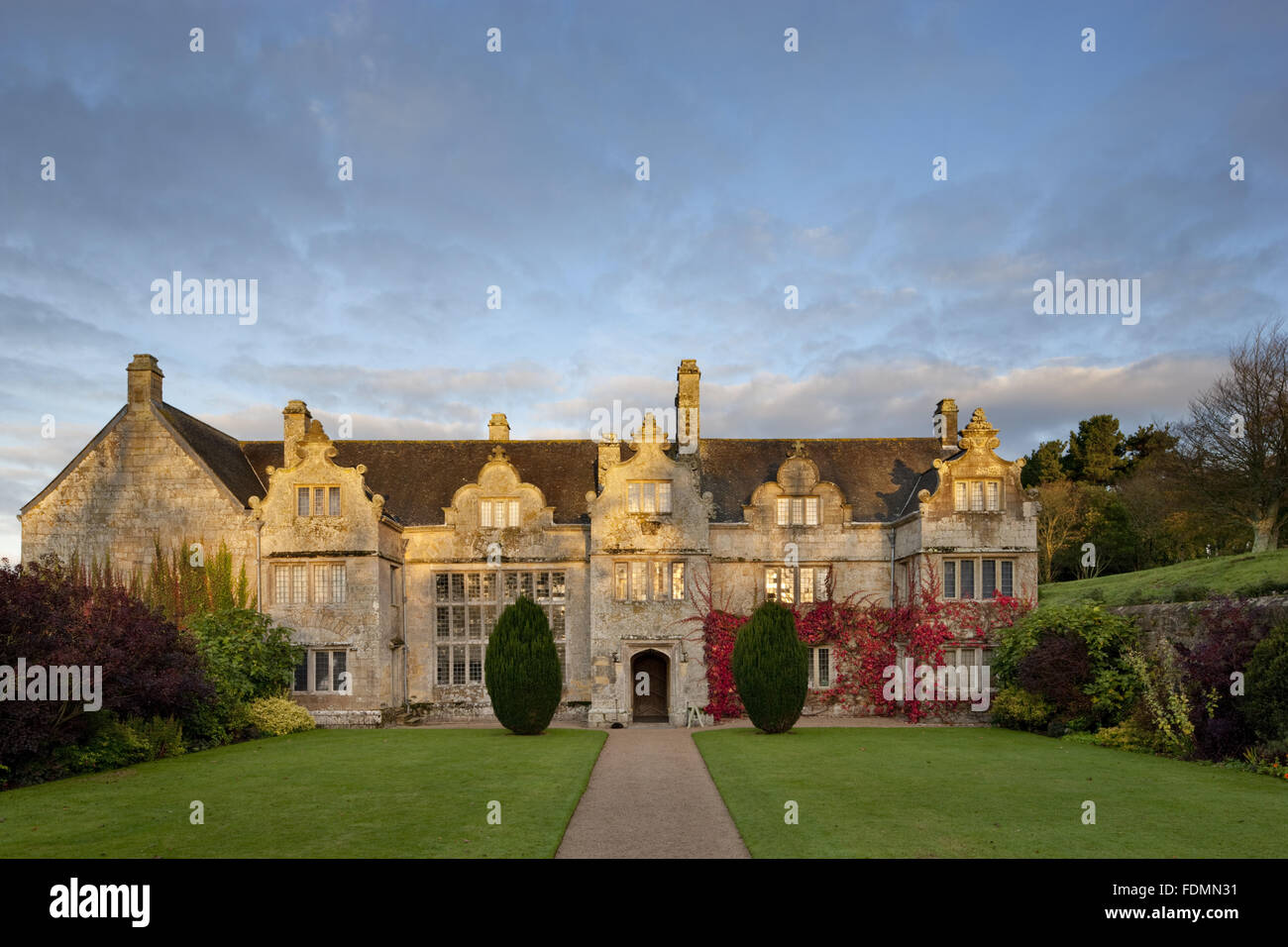 The east front at Trerice, Cornwall. This facade of the manor house is ...