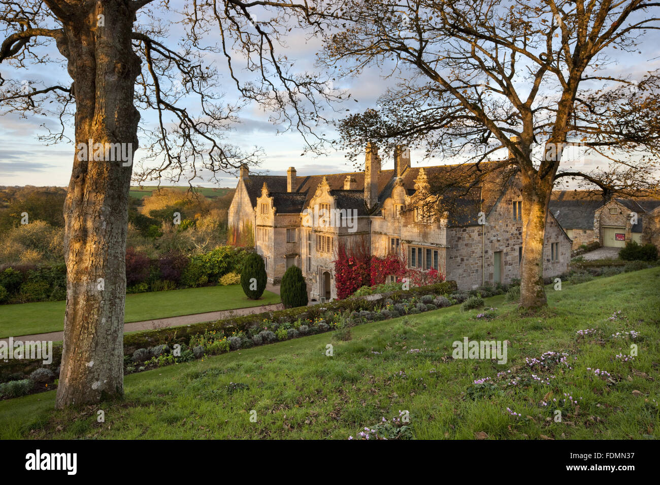 The east front at Trerice, Cornwall. This facade of the manor house is ...