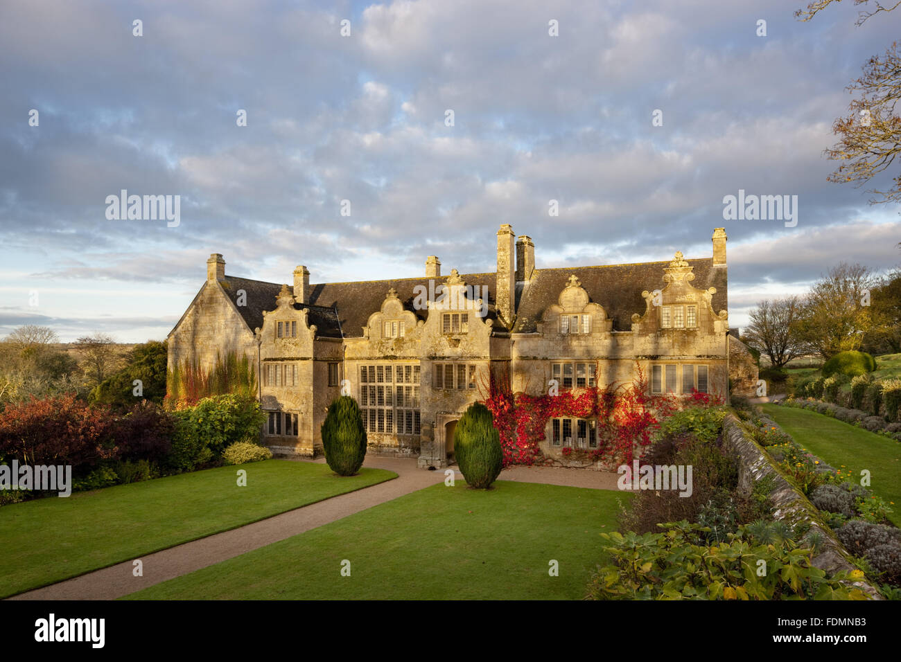 The east front at Trerice, Cornwall. This facade of the manor house is ...