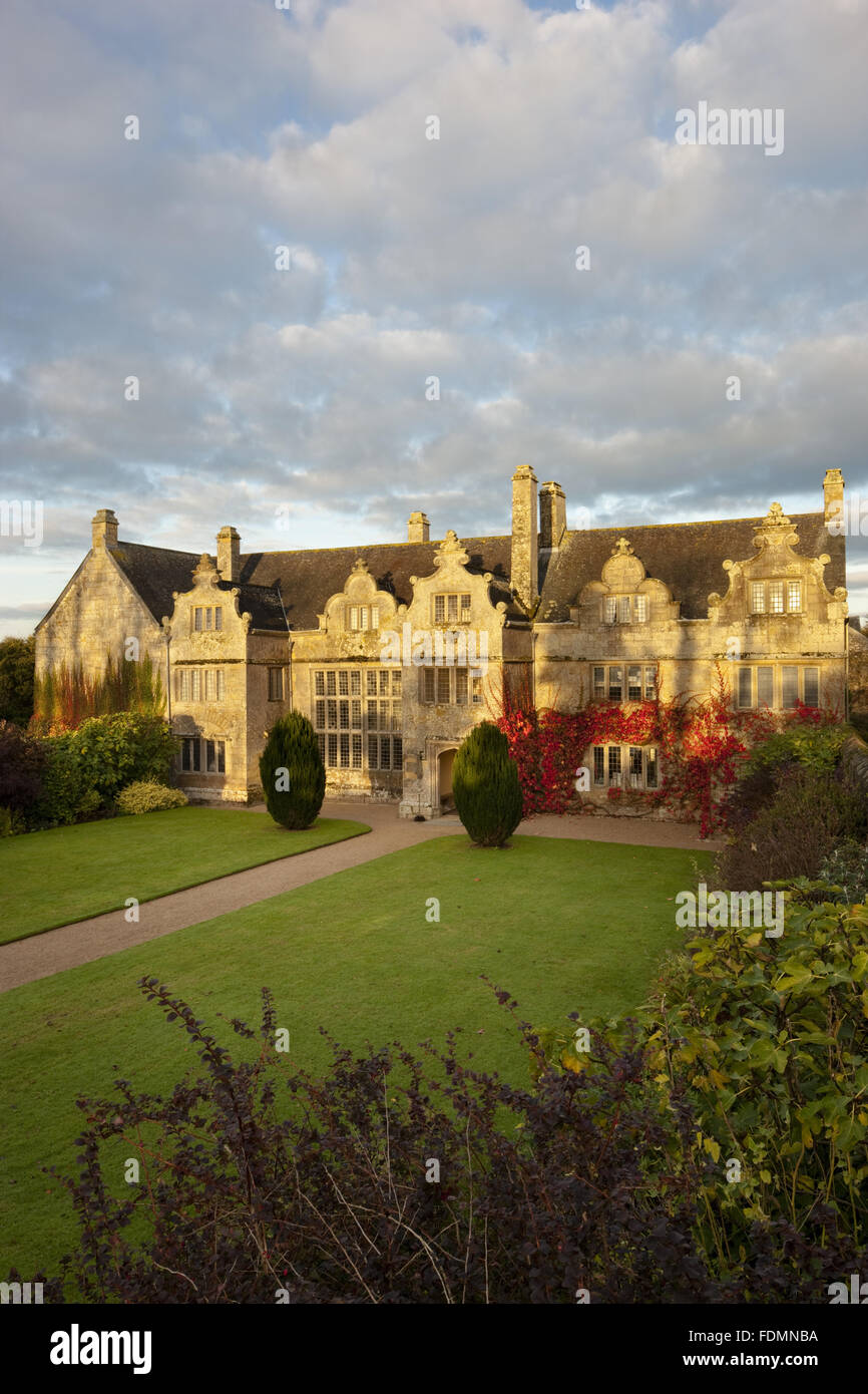 The east front at Trerice, Cornwall. This facade of the manor house is ...