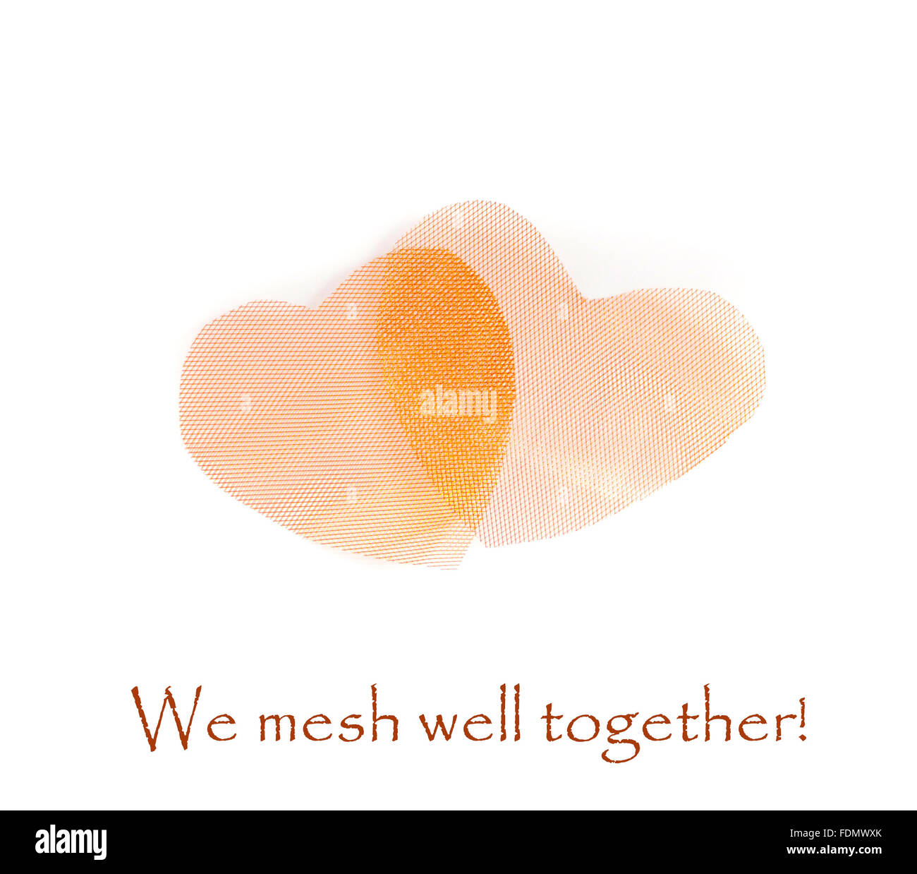 Photo image of two hearts made of copper mesh with note "We mesh well ...