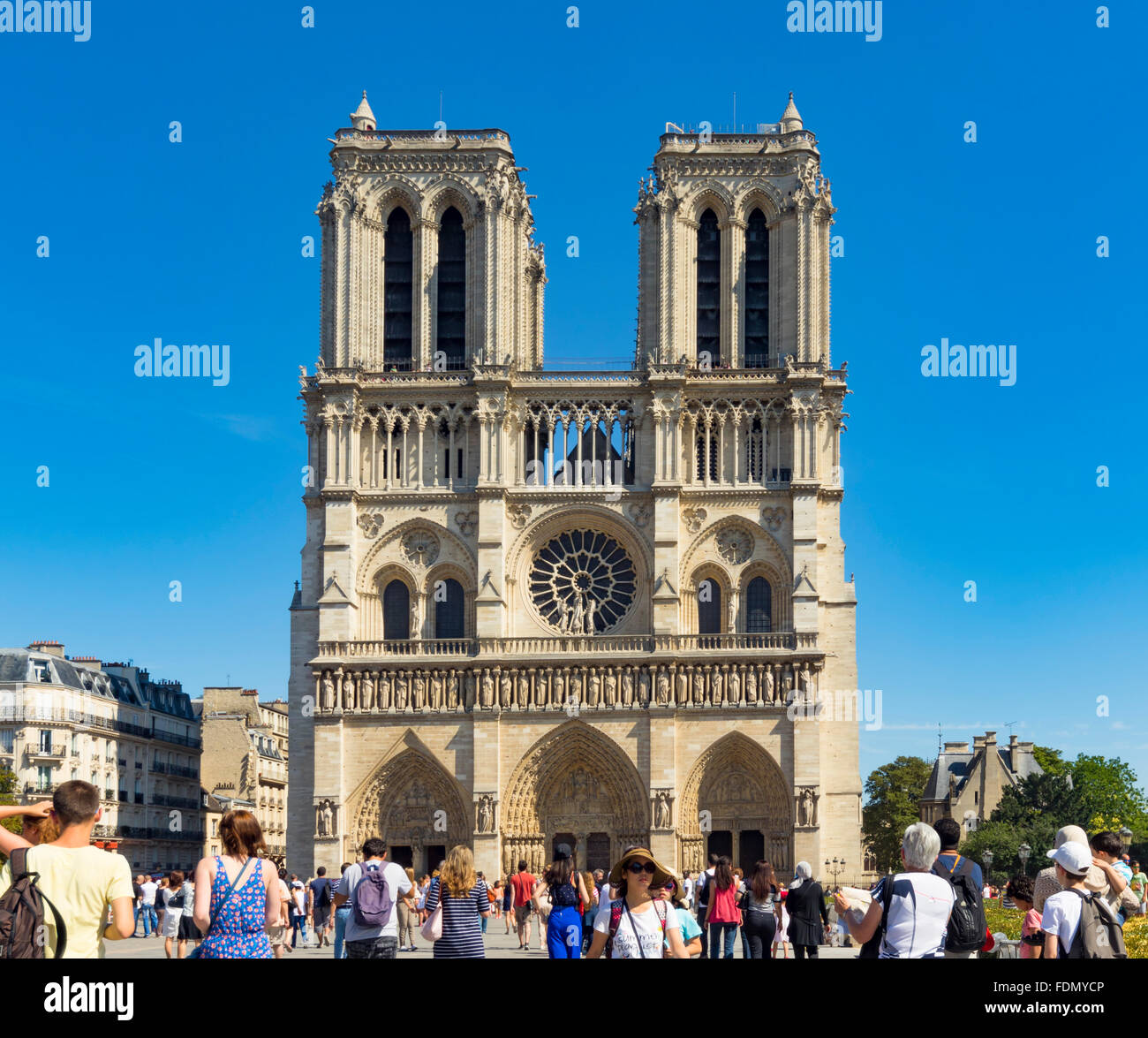 Tourists at the front of Notre Dame Cathedral in Paris Stock Photo - Alamy