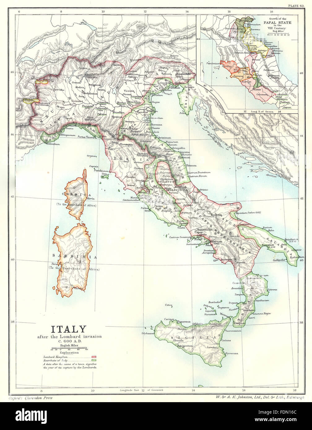 ITALY: Post Lombard invasion C 600 AD; map Growth Papal state 7 C, 1903 ...
