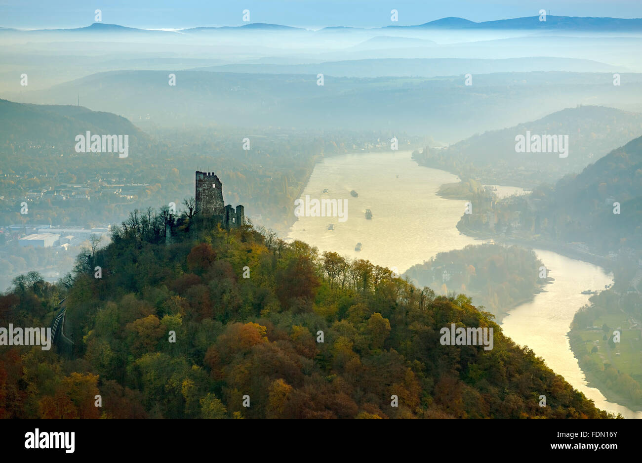 Drachenfels castle ruins in autumn with a view of the Rhine Valley ...
