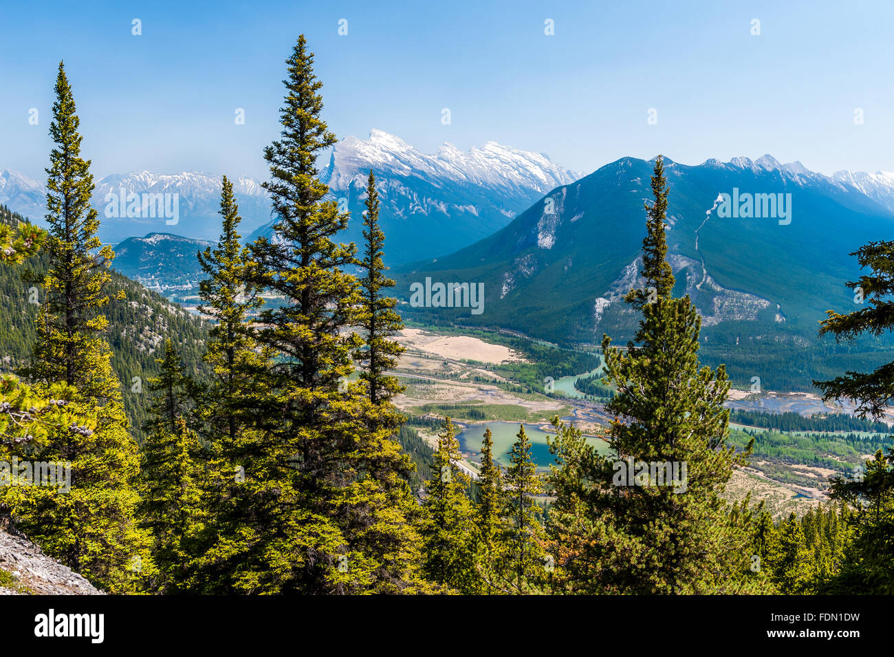 hiking trail of Cory Pass with view of Bow Valley and Mount Norquay ...