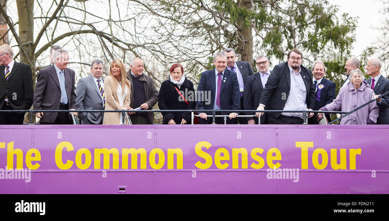 UKIP members and supporters on the UKIP Common Sense tour bus Stock ...