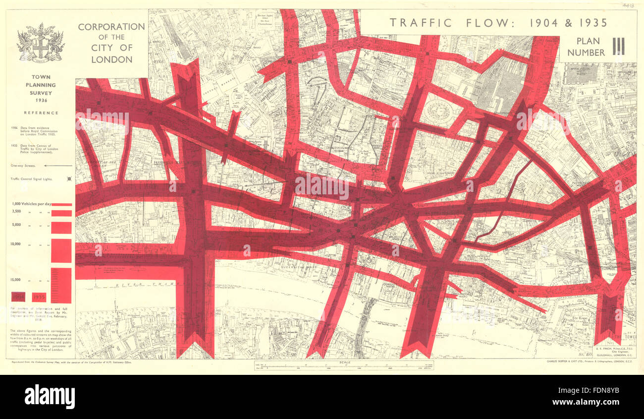 CITY OF LONDON. Town planning survey. TRAFFIC FLOW IN 1904 & 1935, 1944 ...
