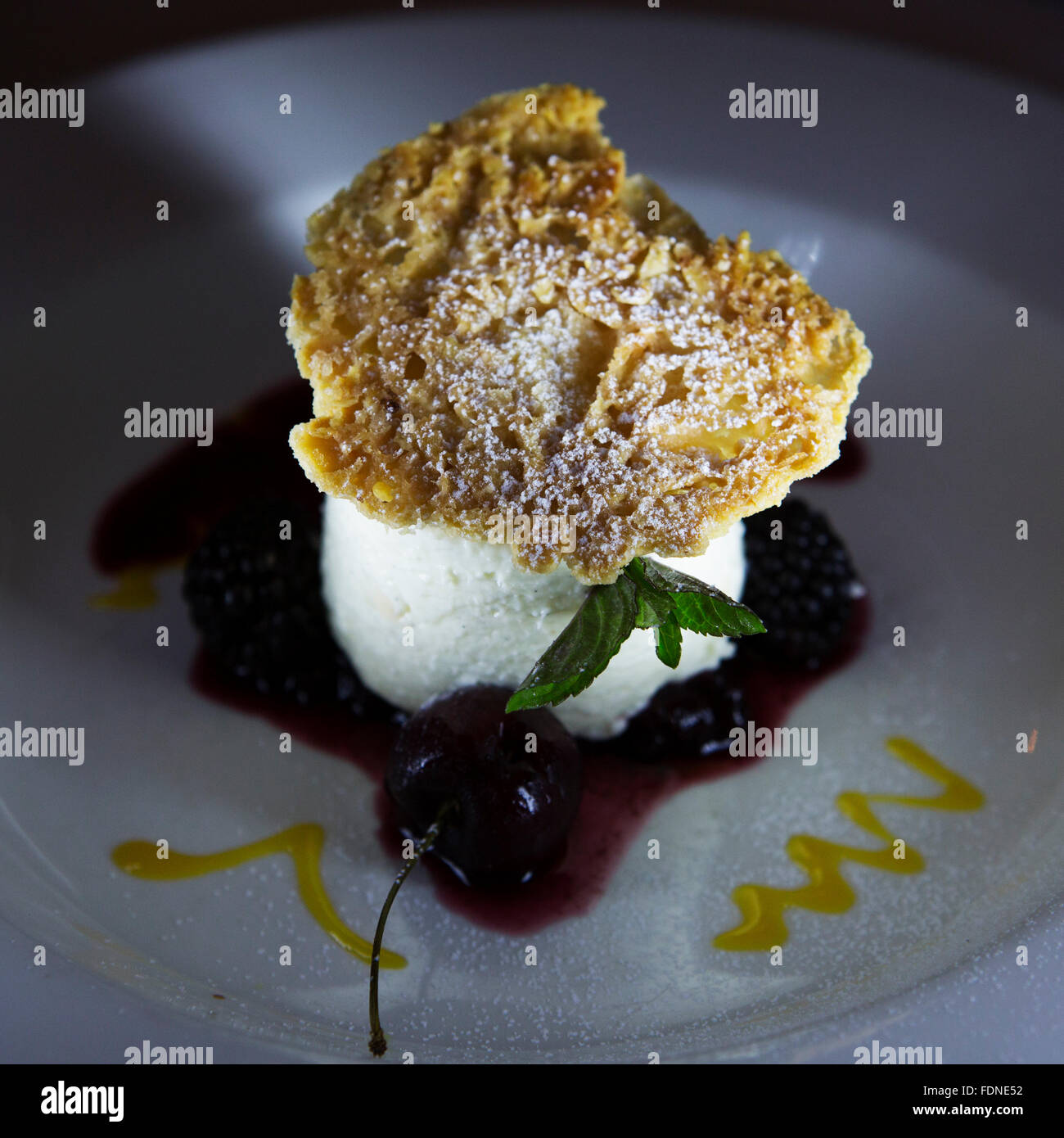 A dessert featuring forest fruits and ice cream is served in Halifax ...