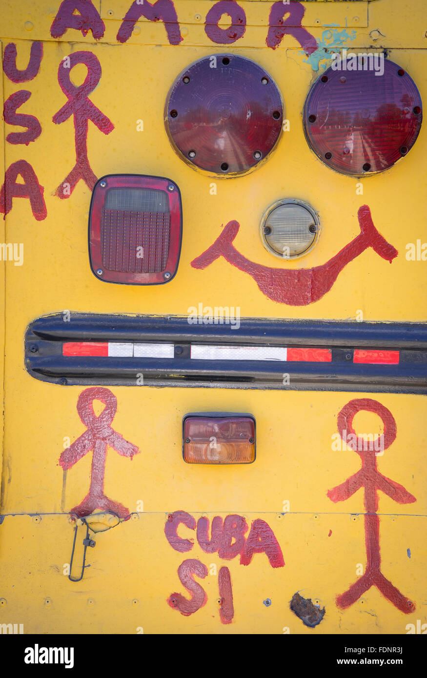 yellow school bus with fun paintings in varadero,cuba Stock Photo - Alamy