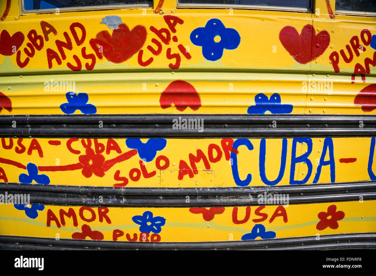yellow school bus with fun paintings in varadero,cuba Stock Photo - Alamy