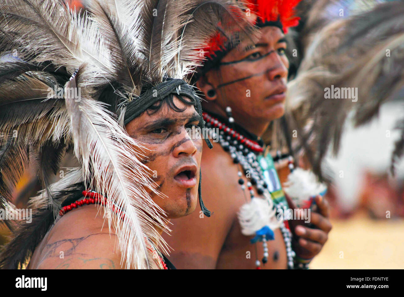 Brazilian indigenous men in native costume during the World Indigenous ...