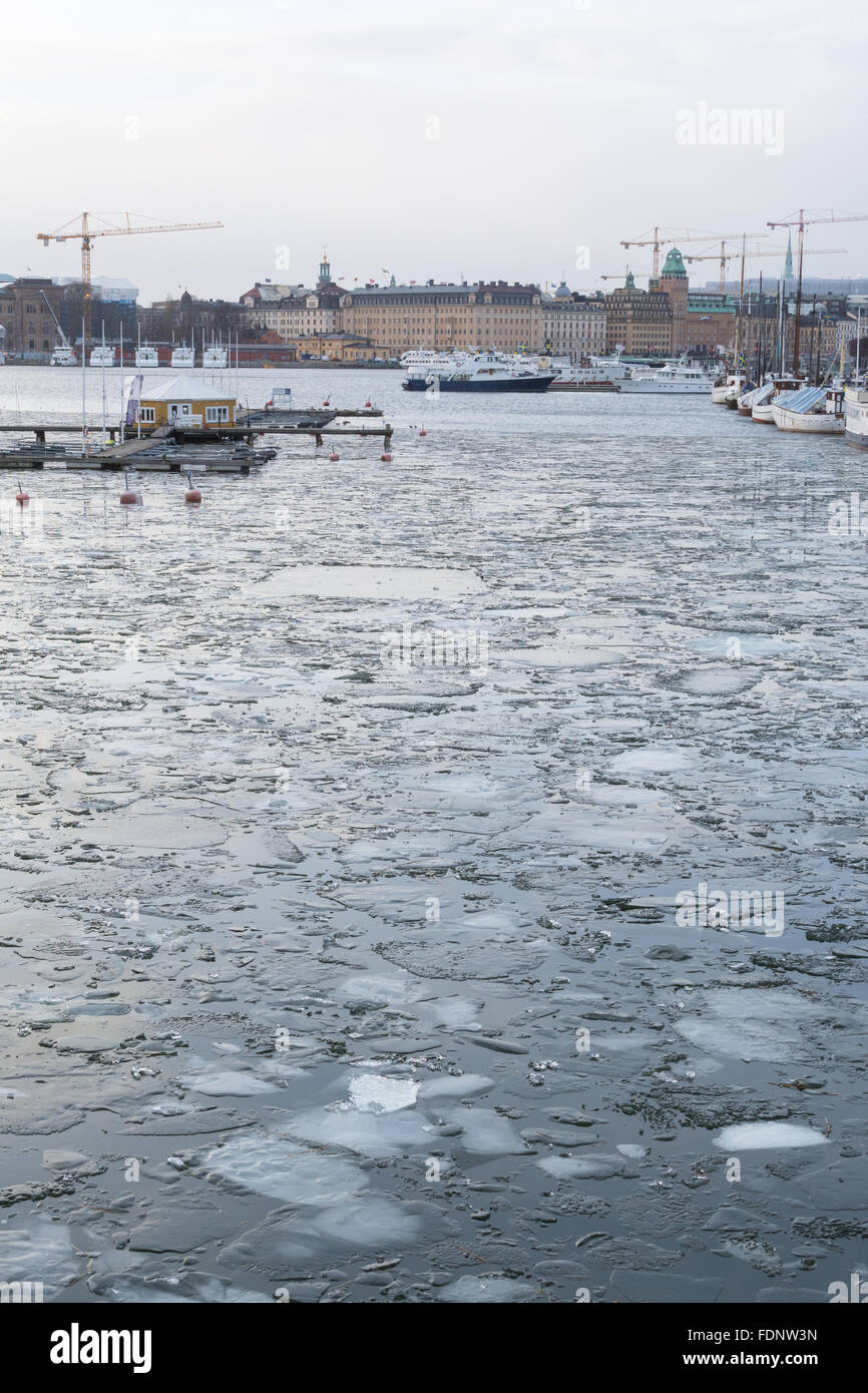 Stockholm, Sweden - broken ice along the harbour harbor front during a ...