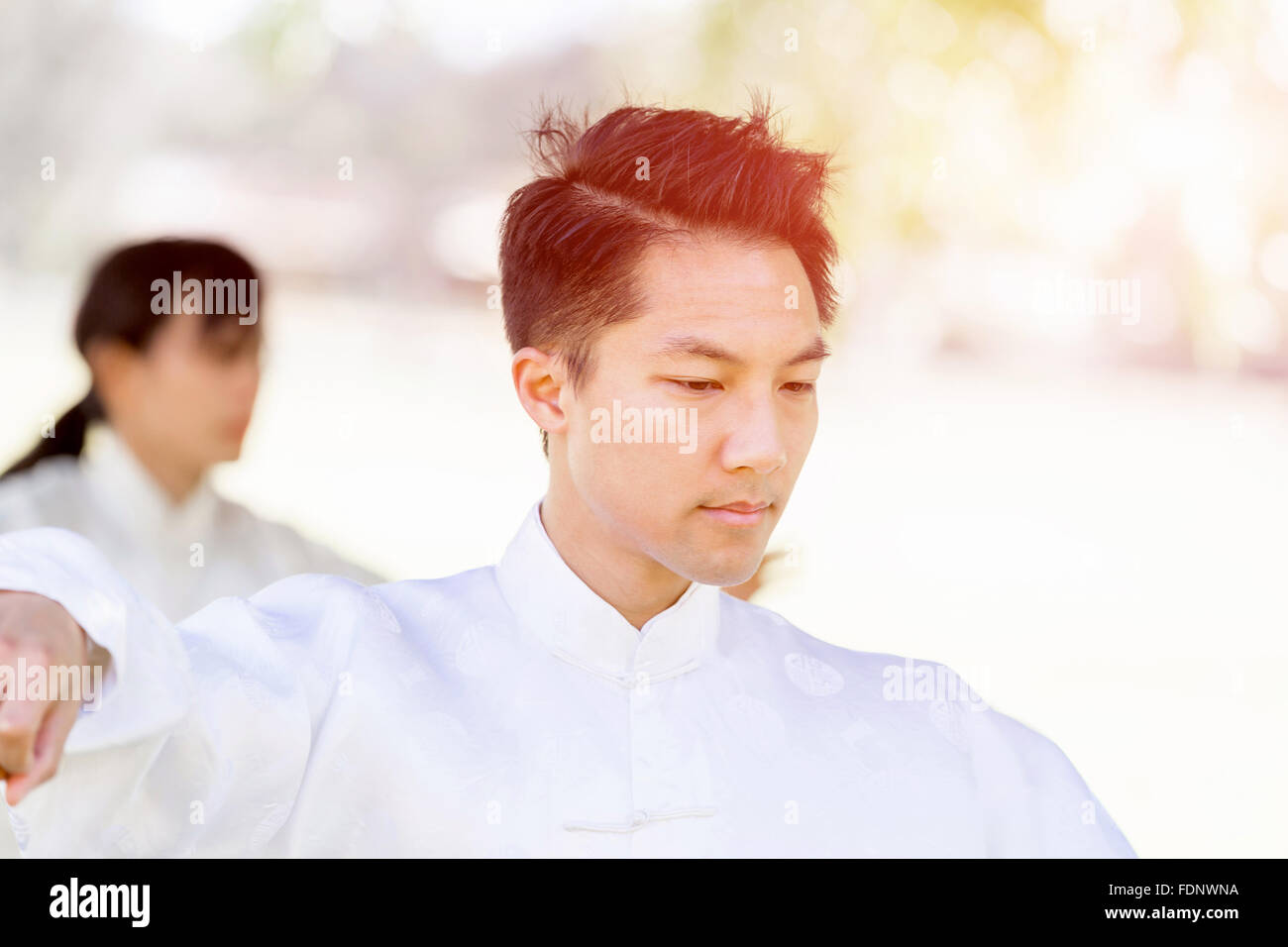 Handsome man practicing thai chi in the park in the summertime Stock ...